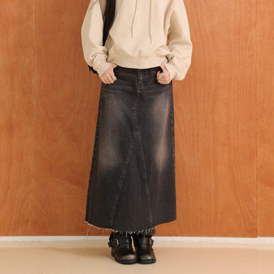 AIRIQI冬季新款毛边牛仔半身裙