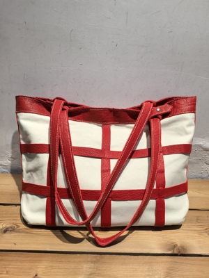 外贸出口纯手工山羊皮配帆布托特通勤单肩包