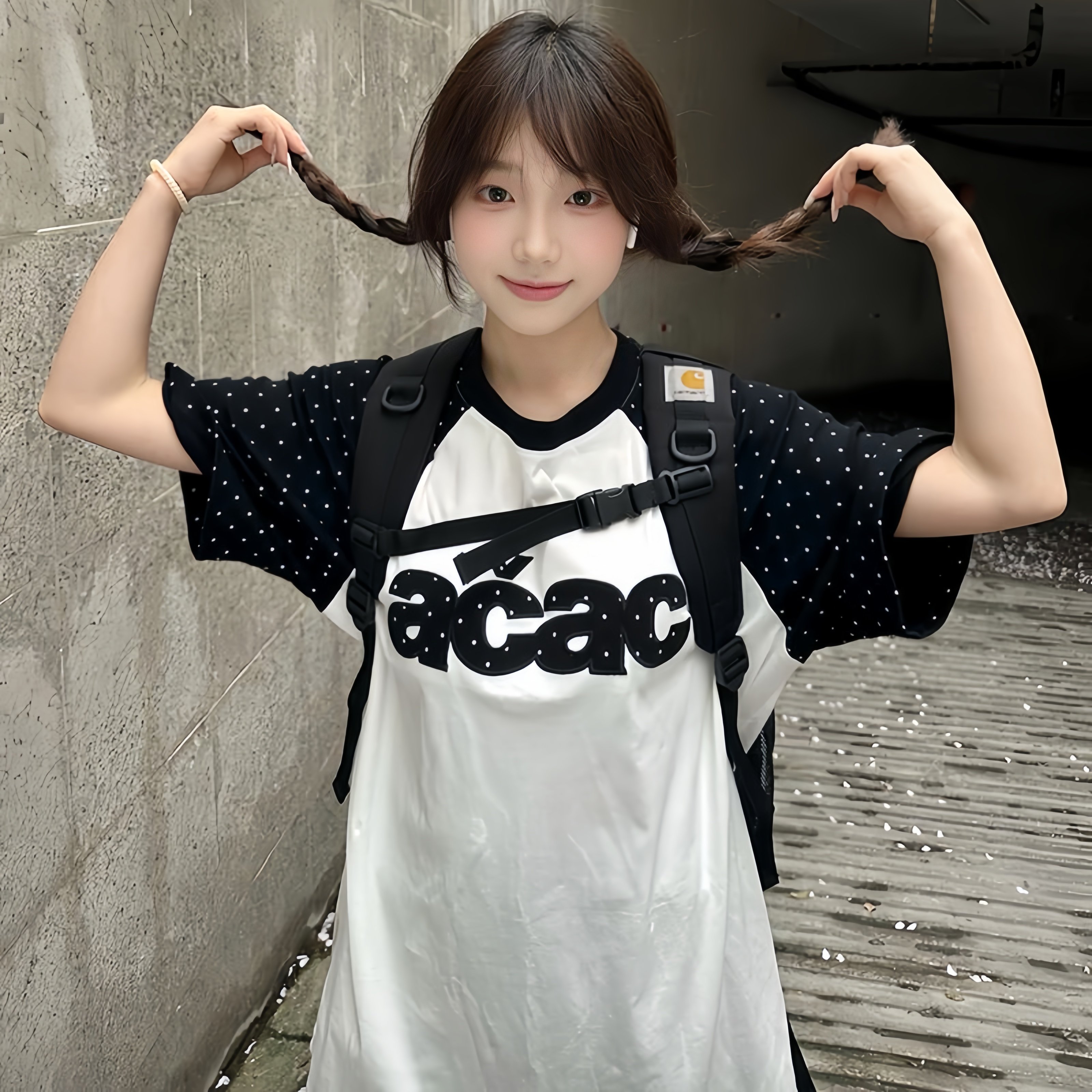 美式复古波点插肩短袖t恤女大童2026夏初中高中学生宽松刺绣上衣