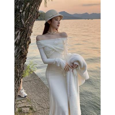 气质法式一字肩连衣裙仙女