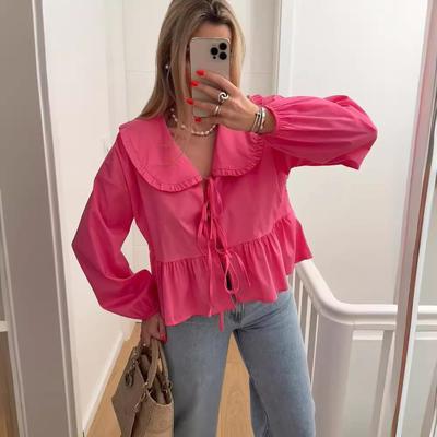 zevity new  women sweet long solid color lace up smock