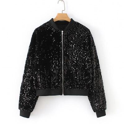 womens sparkly sequin jacket zipper long glitter classic