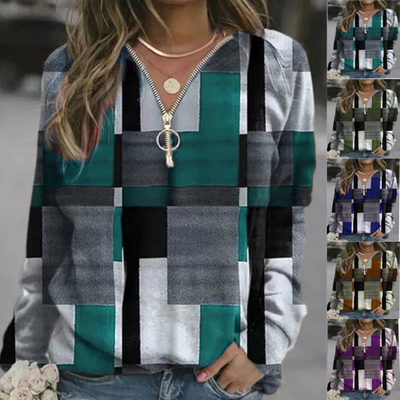 Women's Plaid Patchwork Sweatshirts Tops Spring Autumn Zippe
