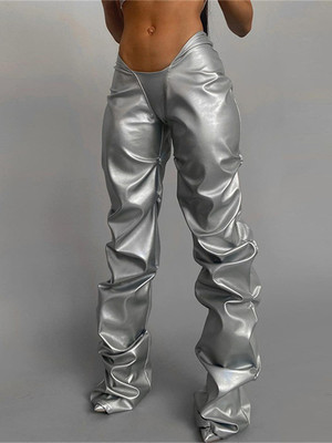 Kliou Shiny Women Pants Hipster Solid Faux PU Leather High S