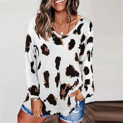 Leopard V Neck Woman tshirts Long Sleeve Loose Top Women Cas