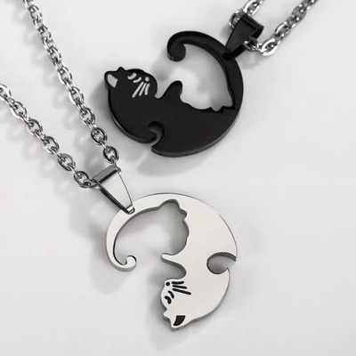 Black White Cute Cat Couple Necklaces Stainless Steel Cat Br