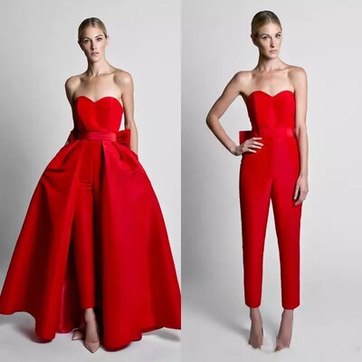 Red Jumpsuit Evening Dresses With Detachable Skirt 2021 Swee