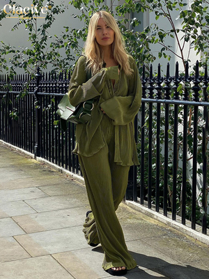 Clacive Elegant Green Pants Set Women Autumn Long Sleeve Blo