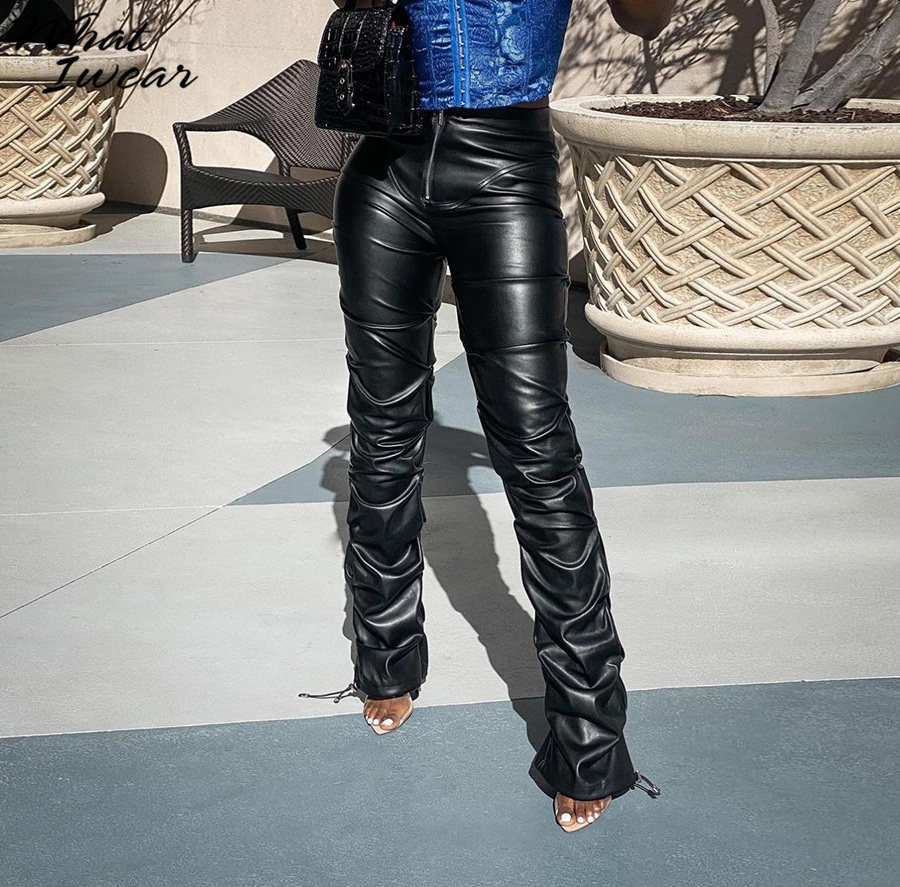 Whatiwear Faux PU Leather High Waist Black Stacked Pants Wom