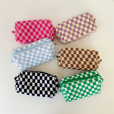 Checkerboard Lattice Makeup Bag Knitted Fabric Women Cosmeti