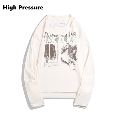 High Pressure美式复古vintage假两件长袖T恤男女宽松亨利领上衣