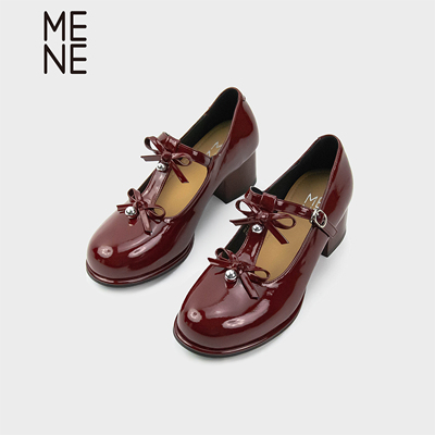 MENE（女鞋）法式红色蝴蝶结玛丽珍鞋2025新款气质百搭粗跟单鞋