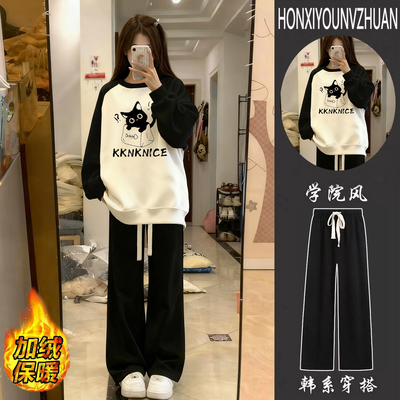 加绒秋冬天女生运动服卫衣套装