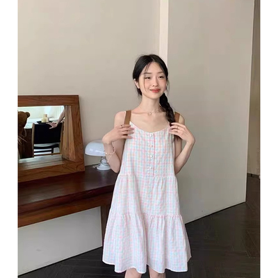 日系甜美撞色格纹无袖吊带连衣裙