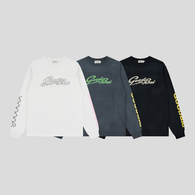 GOODBAI 圆领组合logo印花做旧洗褪长袖T恤