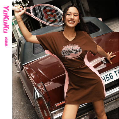 哟酷酷撞色V领收腰显瘦短裙女