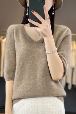 100%纯羊毛女V领五分袖短袖羊毛衫套头毛衣内搭打底衫