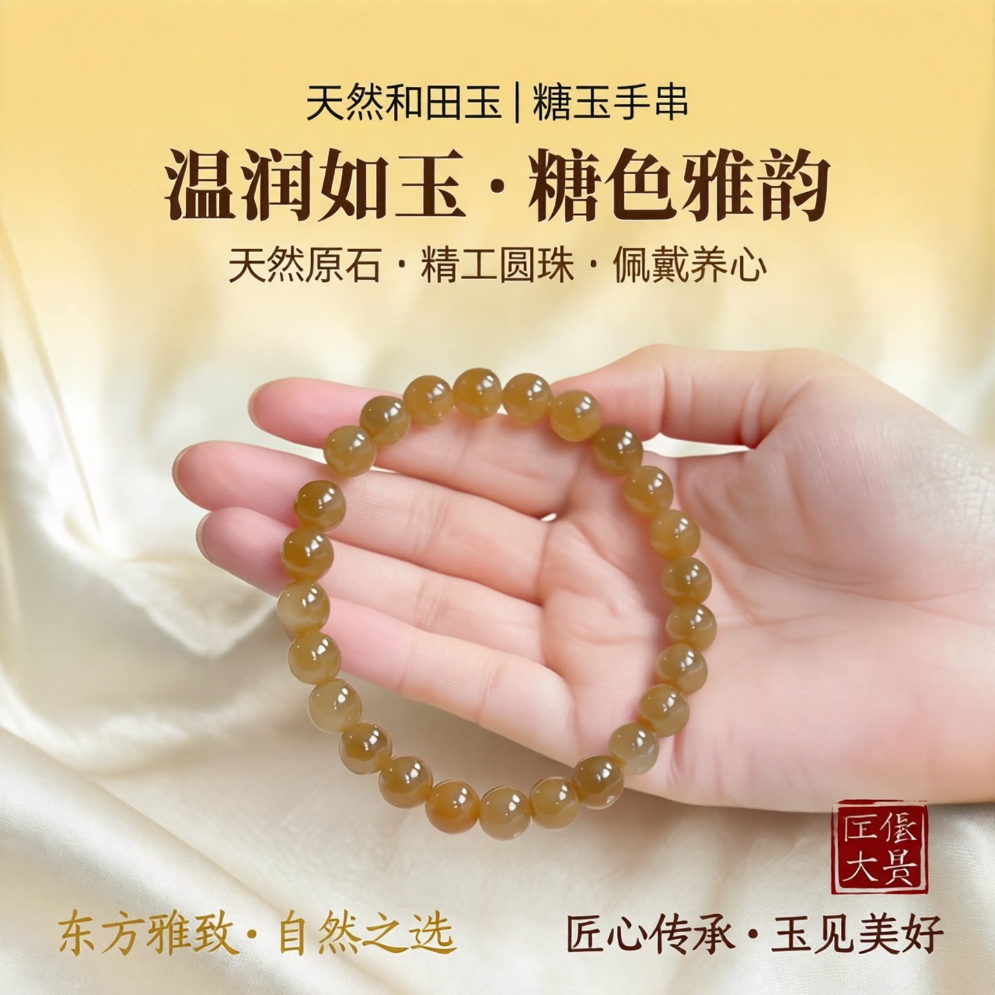 天然新疆深黄糖手串圆珠玉石和田玉且末唐料圆珠单圈手链收藏级