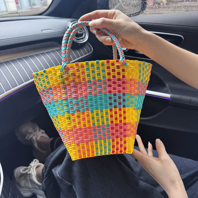 ins风彩色手工编织菜篮子包女拼色格纹手提包沙滩包手提菜篮子
