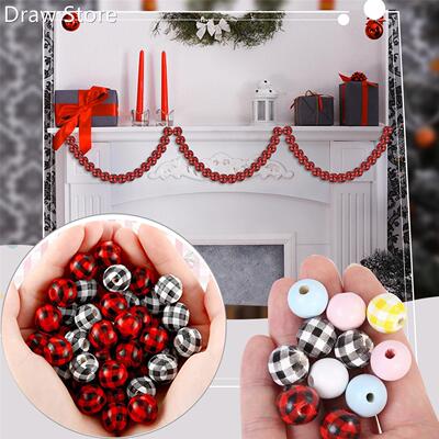 50PCS 16mm Wood Beads Big Round Plaid Printing Loose Spacer