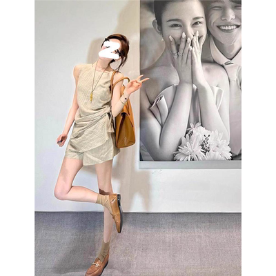 K2 ONLINESTORE老钱风条纹褶皱蝴蝶结上衣女宽松休闲百搭短裤套装