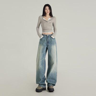 KRO美式复古水洗做旧阔腿牛仔裤女时尚百搭休闲宽松拖地长裤子