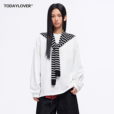 TODAYLOVER条纹披肩长袖T恤女