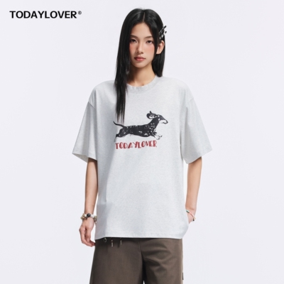 TODAYLOVER撞色腊肠狗印花圆领T