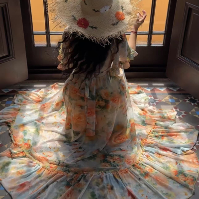 rose rain玫瑰自制区油画风印花喇叭袖收腰显瘦长款沙滩裙