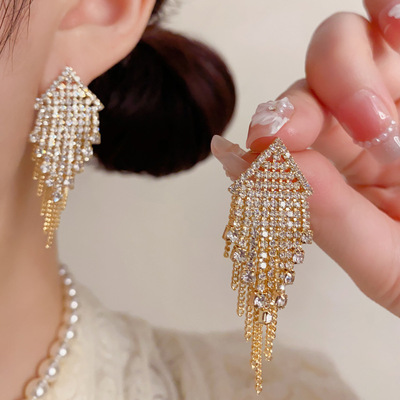 法式时尚轻奢复古微镶满锆几何菱形流苏耳坠个性精致高级感耳环女