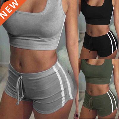 2Pcs Women Fitness Stch Racerback Tank Top + Short Pants Sui