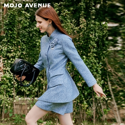 朗姿/MOJO AVENUE莫佐2026春新品精致复古粗花呢长外套女清新蓝白