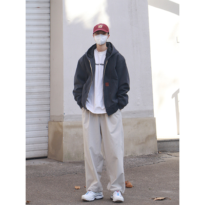 siiiend 重磅双褶基础款宽松直筒抽绳百搭休闲工装裤常规男款