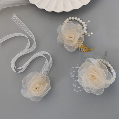 Pearl Crystal Wrist Flower Corsage Girls Bridesmaid Fabric