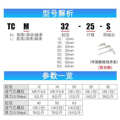 亚德客三轴带导杆气缸TCL12/16/20/25/32/40/50/63X100X20X30X40S