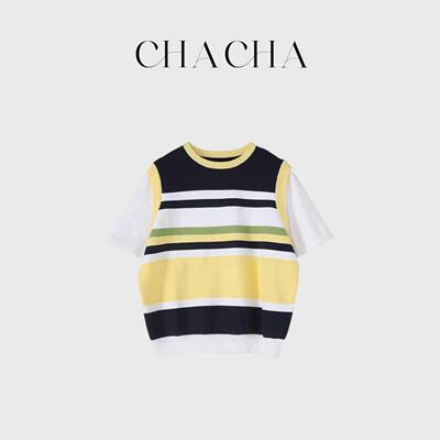 CHACHA【柠光序章】休闲时尚百搭冰感黄蓝白条纹T恤
