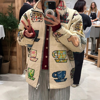 法式小众2025秋冬彩色茶杯刺绣手工贴布花夹棉翻领轻薄棉服女