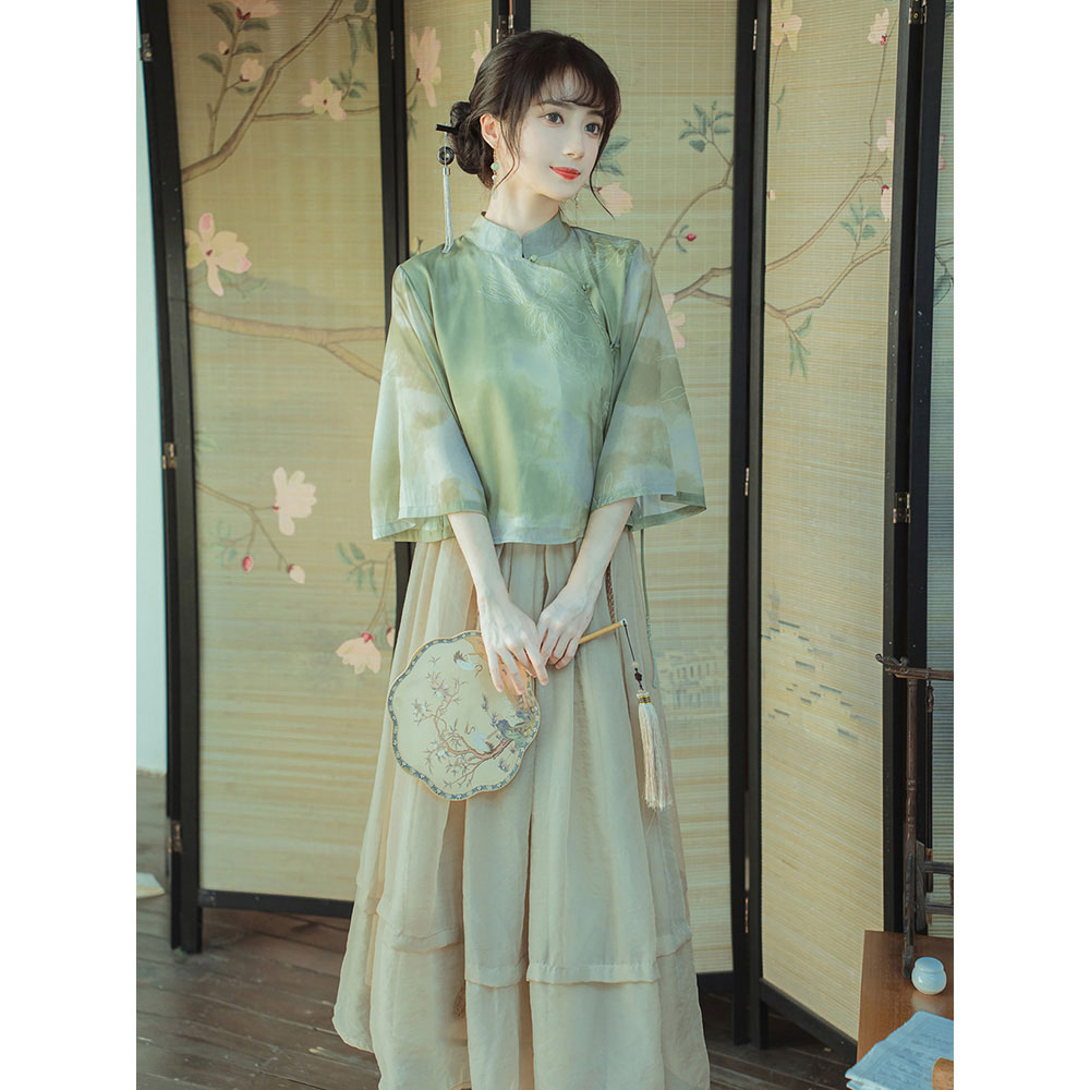 夏季新中式茶艺师汉服汉元素禅意民国风复古改良旗袍连衣裙两件套
