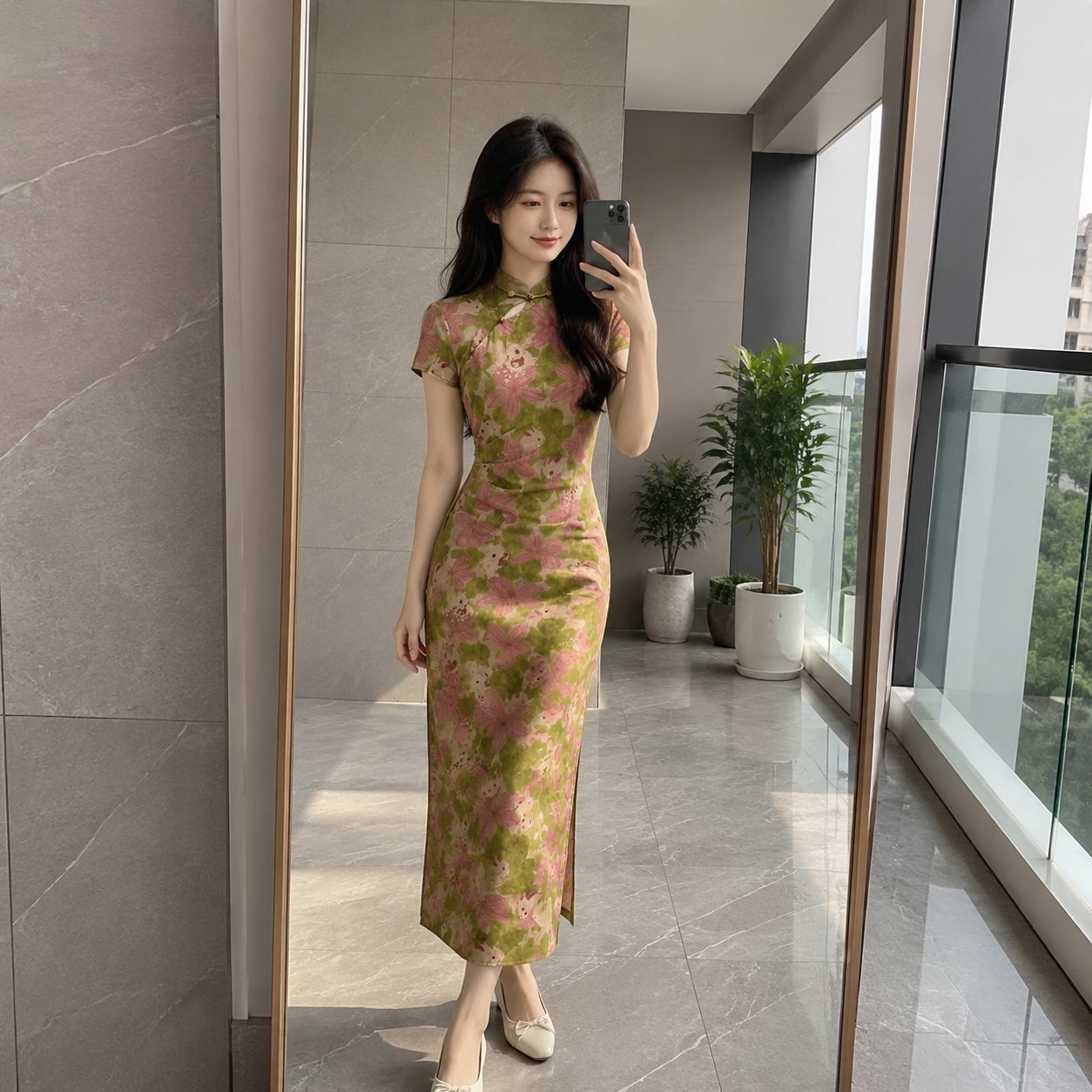 夏季新品改良旗袍腰间捏褶后开衩显瘦可爱小兔子印花连衣裙女2026