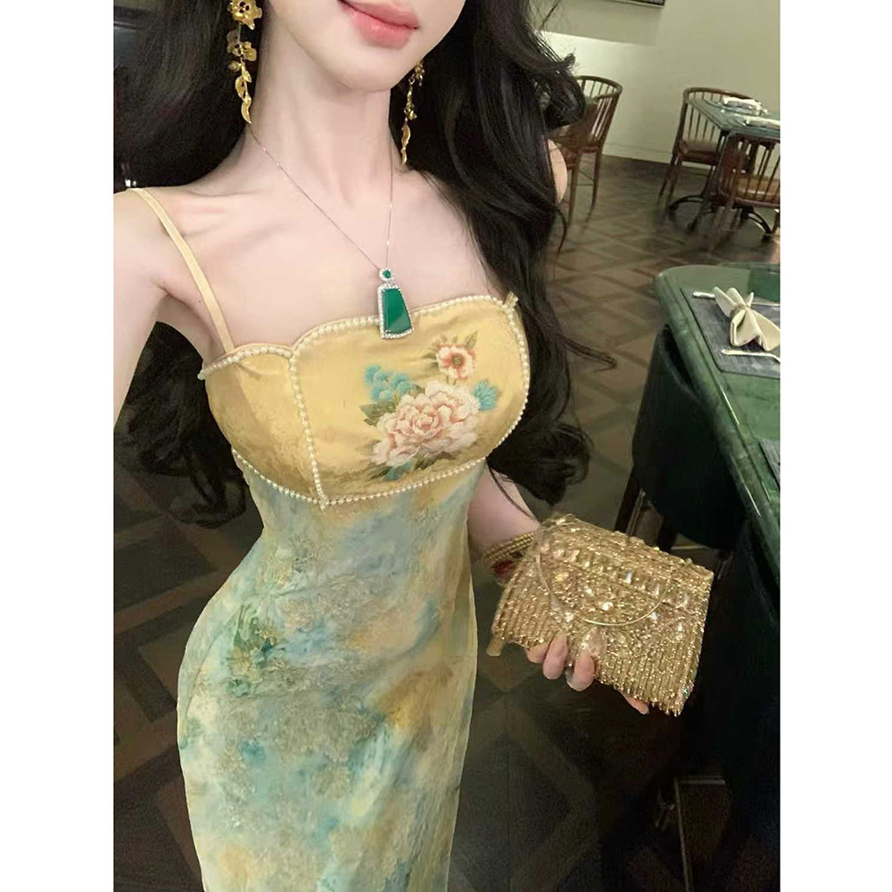 【金玉牡丹】潇夫人自制春夏修身刺绣扎染新中式国风吊带旗袍裙子