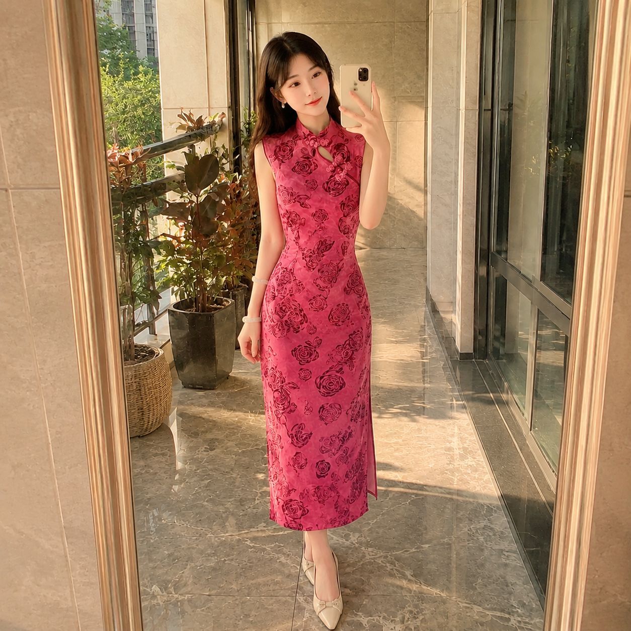 夏季新款新中式玫红色玫瑰针织旗袍大方百搭无袖连衣裙女修身显白