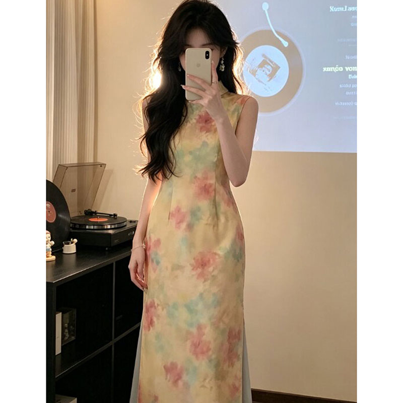 新中式国风改良旗袍连衣裙时尚气质感印花开叉修身包臀长裙26夏季