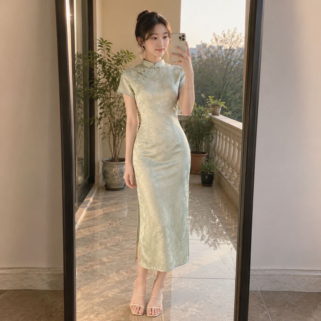 绿色旗袍新中式国风夏季新款年轻款短袖长款修身复古绝美连衣裙夏