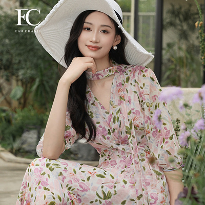 奕辰桑蚕丝V领飘带印花连衣裙