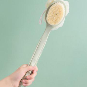 Bath and shower brush with a long handle, featuring a bath f