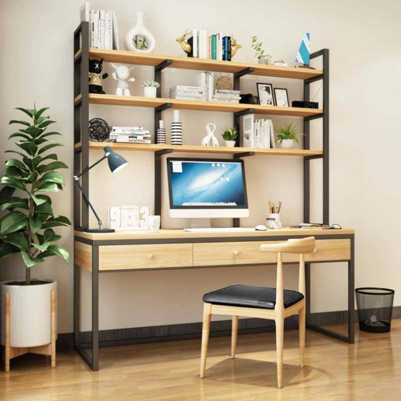 峰发北欧实木书桌书架一体组合家用双人电脑台式桌带抽屉卧室办公_虎窝淘
