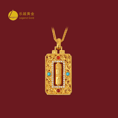 乐越黄金镶真钻常乐方牌项链足金999古风古法转运送礼节日礼物