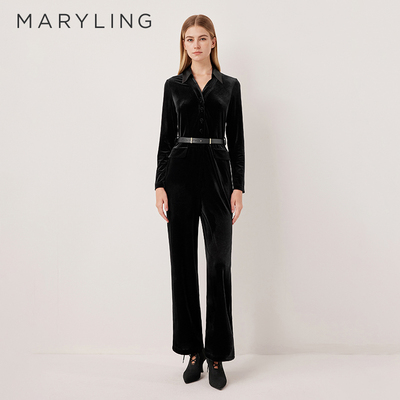 MARYLING玛俪琳2025秋季新品黑色翻领丝绒长袖连体裤A1FFW57040