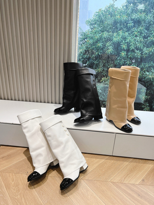 小香风拼色长筒靴女 米白奶茶色黑撞色 复古翻边裤管靴高跟骑士靴