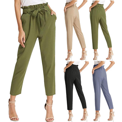 High waist pleated casual cropped pants高腰褶皱休闲九分裤女